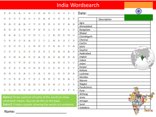 India Wordsearch Starter Activity Country Geography Homework Cover ...
