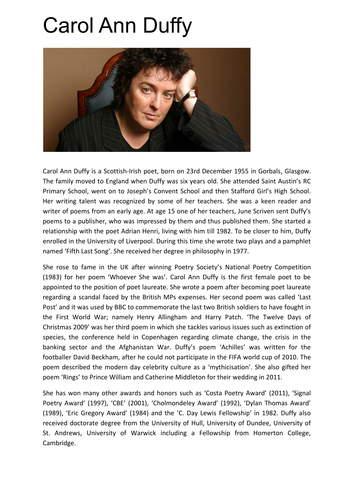 Carol Ann Duffy Poetry | Teaching Resources