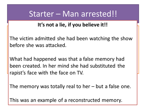 AQA GCSE Psychology 2019 spec – Lesson 10 False memories | Teaching ... AQA GCSE Psychology 2019 spec – Lesson 10 False memories | Teaching ...