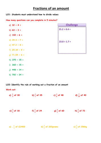 Fractions of an amount Worksheet - Edexcel Foundation/KS3 | Teaching ...
