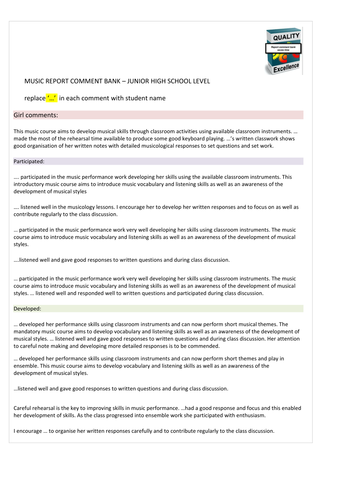 Junior music class report comments | Teaching Resources
