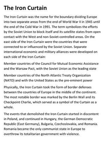 The Iron Curtain Handout | Teaching Resources