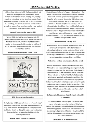 1932 Presidential Election: Roosevelt and Hoover | Teaching Resources
