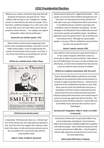 1932 Presidential Election: Roosevelt and Hoover | Teaching Resources