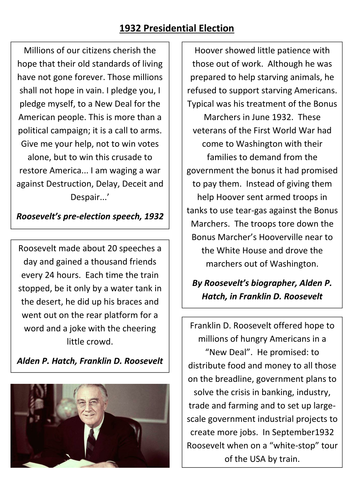 1932 Presidential Election: Roosevelt and Hoover | Teaching Resources