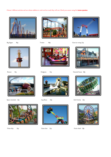 Theme park addition and inverse | Teaching Resources