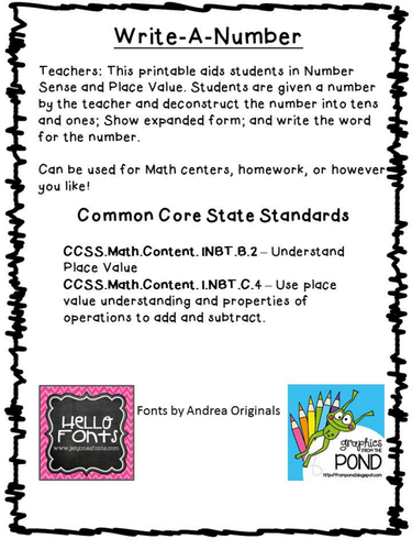 Write a Number - Place Value - CCSS - Printable Worksheet | Teaching ...