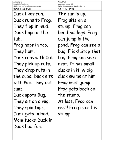 Decodable Reader - Animal Park (Final Consonant Blends; Short u ...