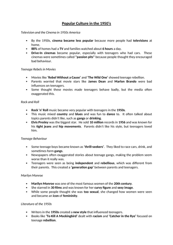 1950s Popular Culture: Music, Film and Literature | Teaching Resources