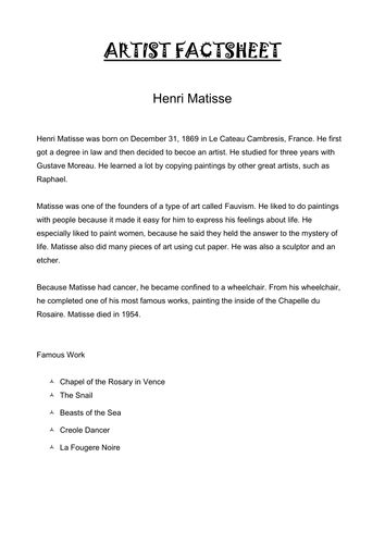 Example Artists/Artwork/Art Fact sheets/worksheets KS2 ART Resources ...