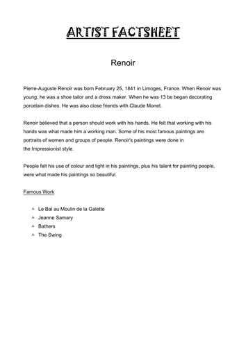 Example Artists/Artwork/Art Fact sheets/worksheets KS2 ART Resources ...