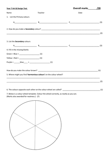 Art baseline test - Colour theory | Teaching Resources