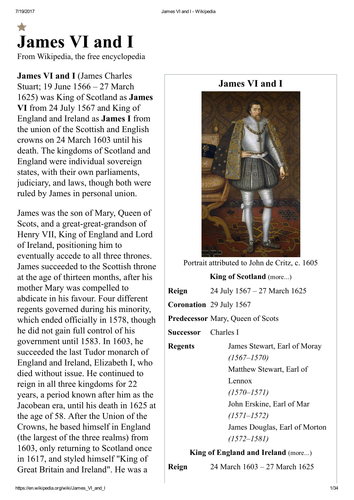 Who was James I? - The Stuart King | Teaching Resources