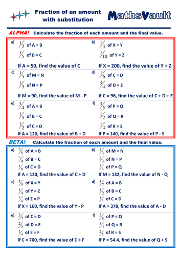 Fraction of an amount with substitution Differentiated Worksheet ...
