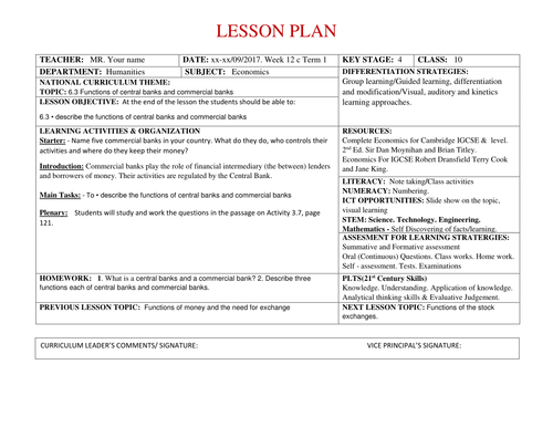 Lesson Plan Economics Year 10 Week 12 c Term 1 (Functions of central ...