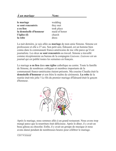 French Past Tense Reading: À un Mariage Lecture (imparfait / passé ...