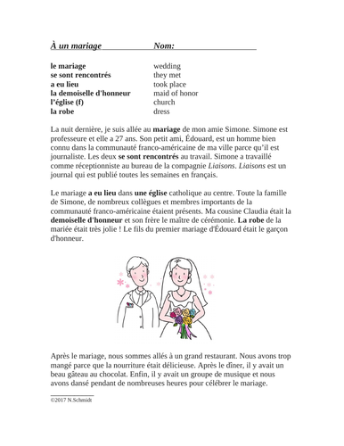 French Past Tense Reading: À un Mariage Lecture (imparfait / passé ...