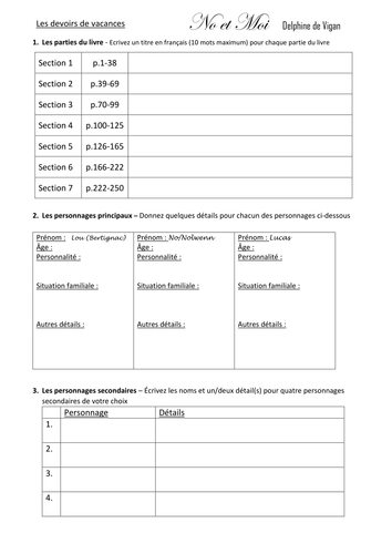 No et Moi homework for first read | Teaching Resources