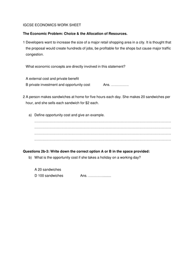 Igcse Economics Worksheet Economic Problem Choice And Resources