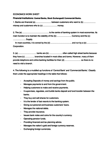 ECONOMICS WORK SHEET - Financial Institutions: Central Banks, Stock ...