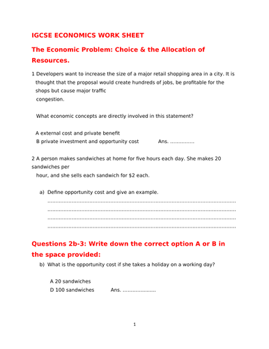 Work Sheet 6 2 The Allocation Of Resources Igcse Economics Economic