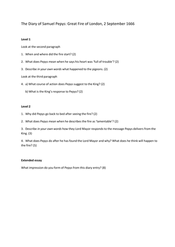 Samuel Pepys, Great Fire of London: differentiated comprehension ...
