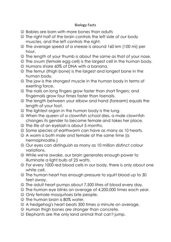Biology - Interesting facts | Teaching Resources