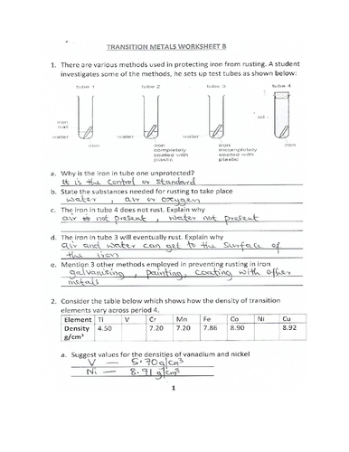 TRANSITION METALS WORKSHEET B WITH ANSWERS | Teaching Resources