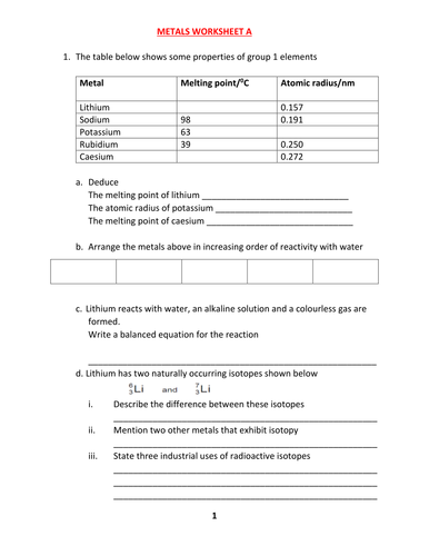 METALS WORKSHEET B | Teaching Resources