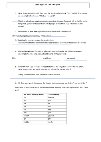 Goodnight Mr Tom Chapters 1-3 | Teaching Resources