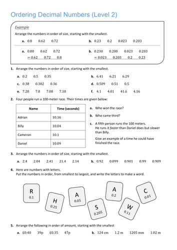 Ordering Decimal Numbers (Level 2) | Teaching Resources