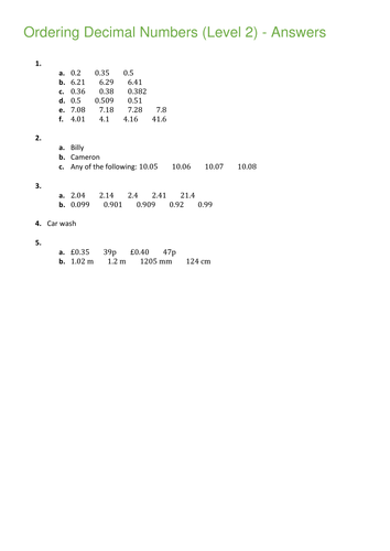Ordering Decimal Numbers (Level 2) | Teaching Resources