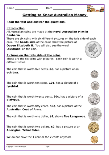 Australian Coins: Money Presentation, Non Fiction Reading Comprehension ...