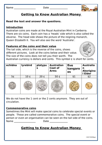 Australian Coins: Money Presentation, Non Fiction Reading Comprehension ...