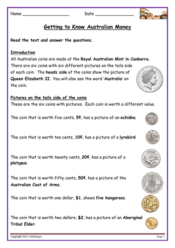 Australian Coins: Money Presentation, Non Fiction Reading Comprehension ...