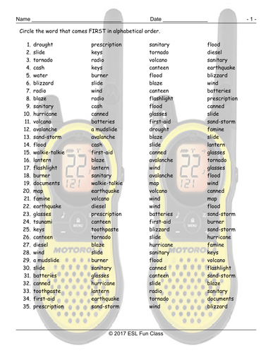 Natural Disasters-Emergency Preparedness Alphabetical Order Worksheet ...