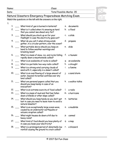 Natural Disasters-Emergency Preparedness Matching Exam | Teaching Resources