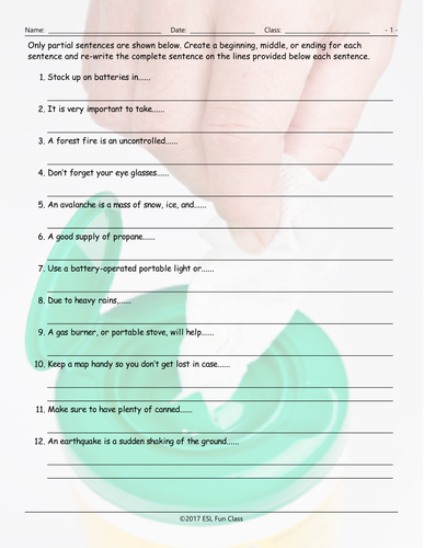 Natural Disasters-Emergency Preparedness Sentence Finishers Worksheet ...