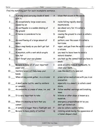 Natural Disasters-Emergency Preparedness Sentence Match Up Worksheet ...