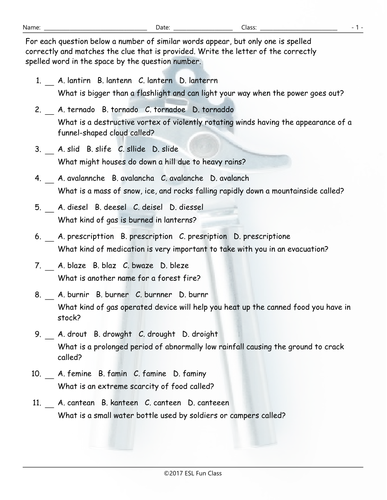 Natural Disasters-Emergency Preparedness Spelling Challenge Worksheet ...