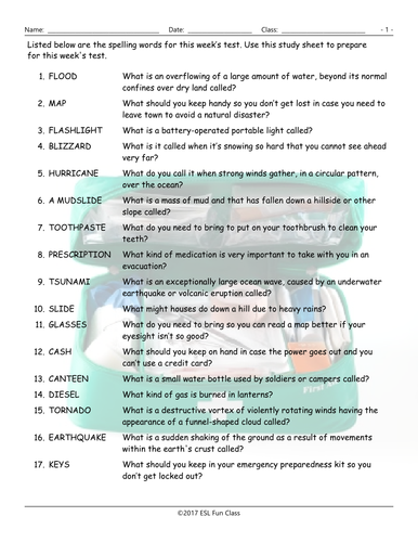 Natural Disasters-Emergency Preparedness Study Sheet | Teaching Resources