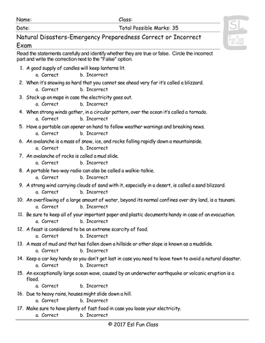 Natural Disasters-Emergency Preparedness True-False Exam | Teaching ...