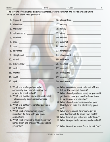Natural Disasters-Emergency Preparedness Jumbled Words Worksheet ...