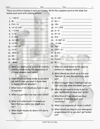 Natural Disasters-Emergency Preparedness Missing Letters Worksheet ...