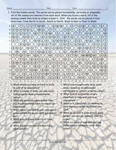 Natural Disasters-Emergency Preparedness Missing Vowels Worksheet ...