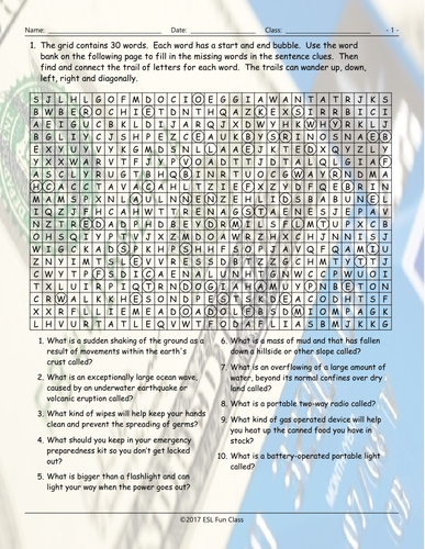 Natural Disasters-Emergency Preparedness Wacky Trails Worksheet ...