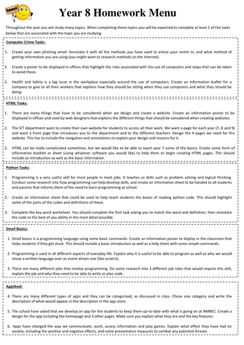 Homework menu written for year 7&8 | Teaching Resources