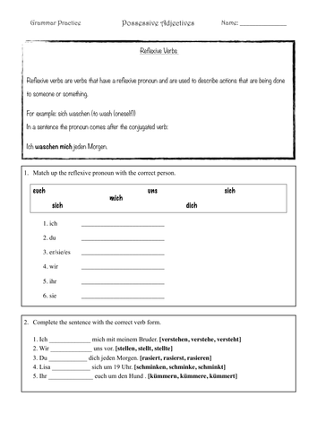 German Grammar Practice - Reflexive Verbs | Teaching Resources