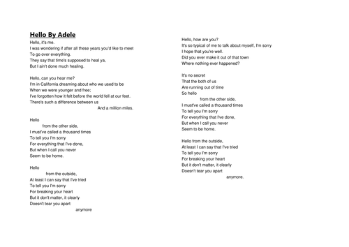 Hello by Adele song lyrics poetry lesson GCSE or KS3 English fully ...