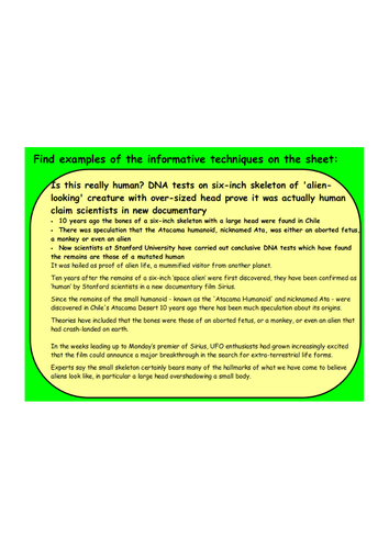Writing to inform 'Aliens' themed skills building lesson for KS3 or KS4 ...
